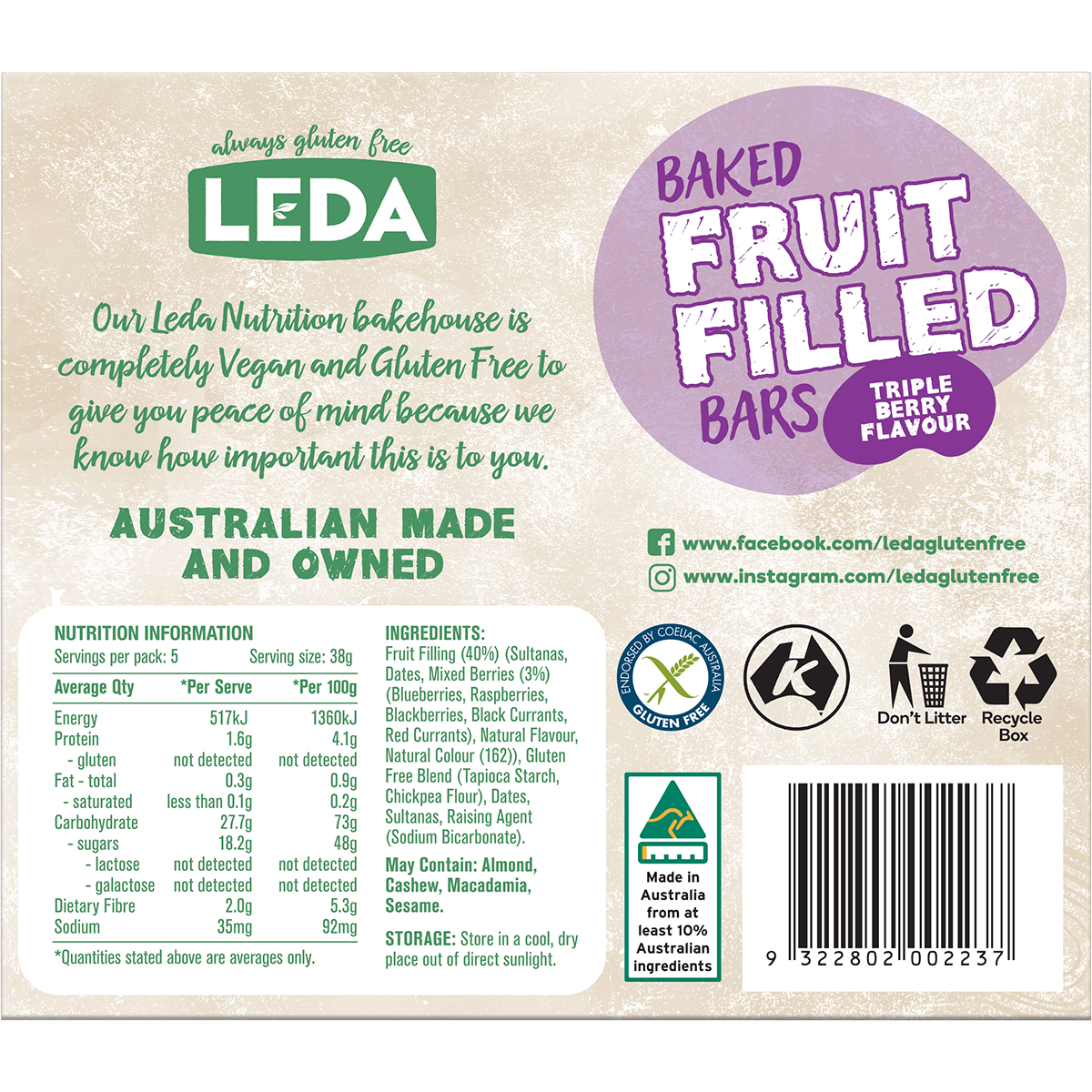 Leda Baked Fruit Filled Bars Triple Berry Multipack 5 Bars | Shop Leda ...